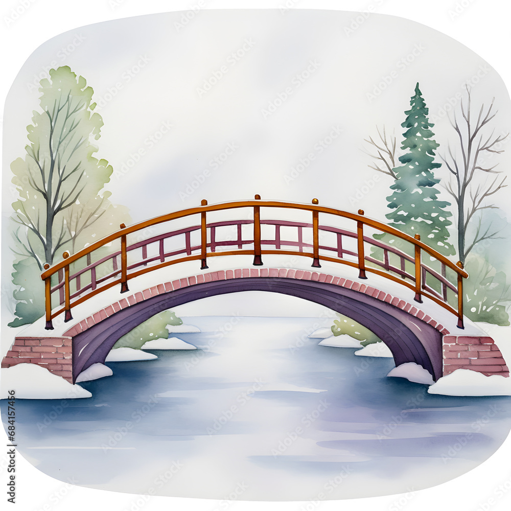 Watercolor clipart of Snowy bridge, christmas clipart, x-mas, holiday ...