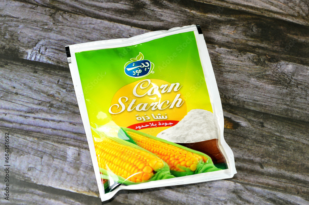 Cairo, Egypt, November 23 2023: Corn starch powder from Bait food, Corn ...