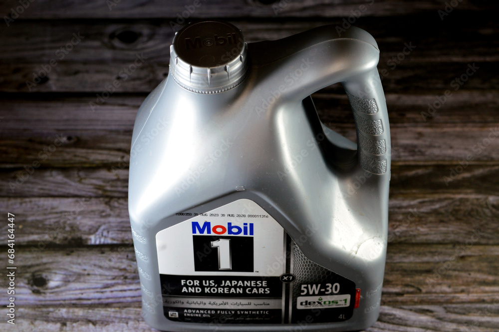 Cairo, Egypt, November 23 2023: Mobil one 1 5W-30 Dexos 1 GM approved ...