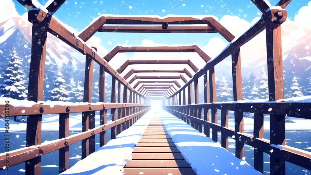 Panoramic fantasy animated background of a wooden bridge with a snowy ...