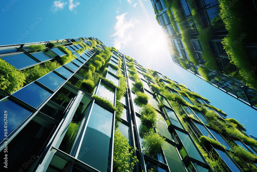 Eco-friendly building in the modern city. Sustainable glass office ...