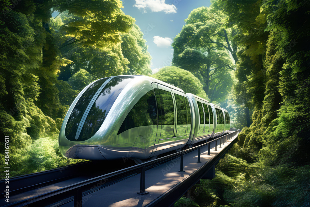 Speed train transit in the tunnel surrounded with green trees and ...