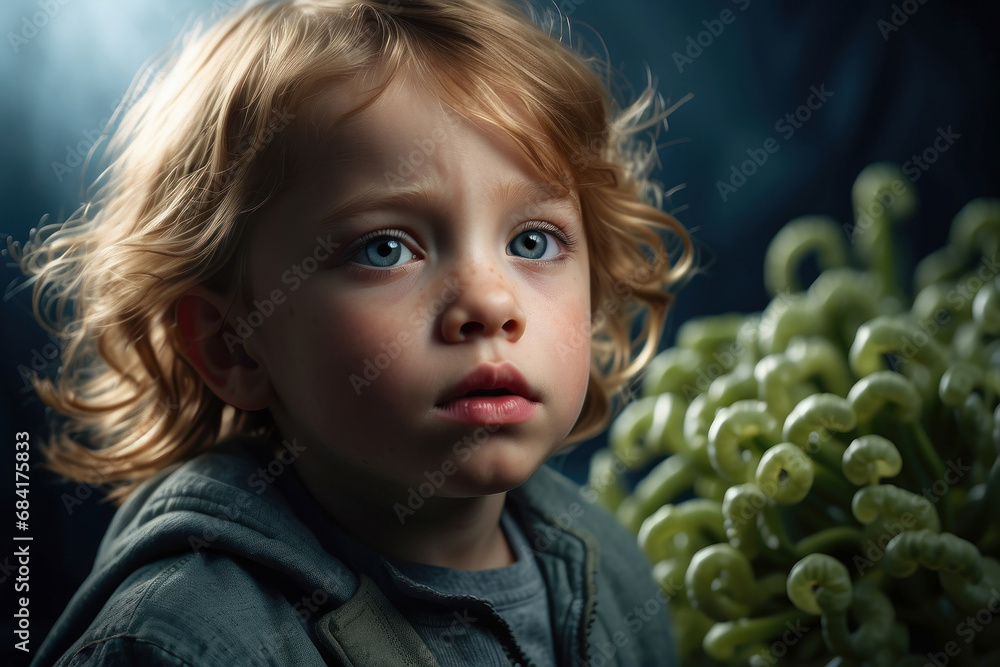 portrait boy child who is exposed to many influences and reacts with ...
