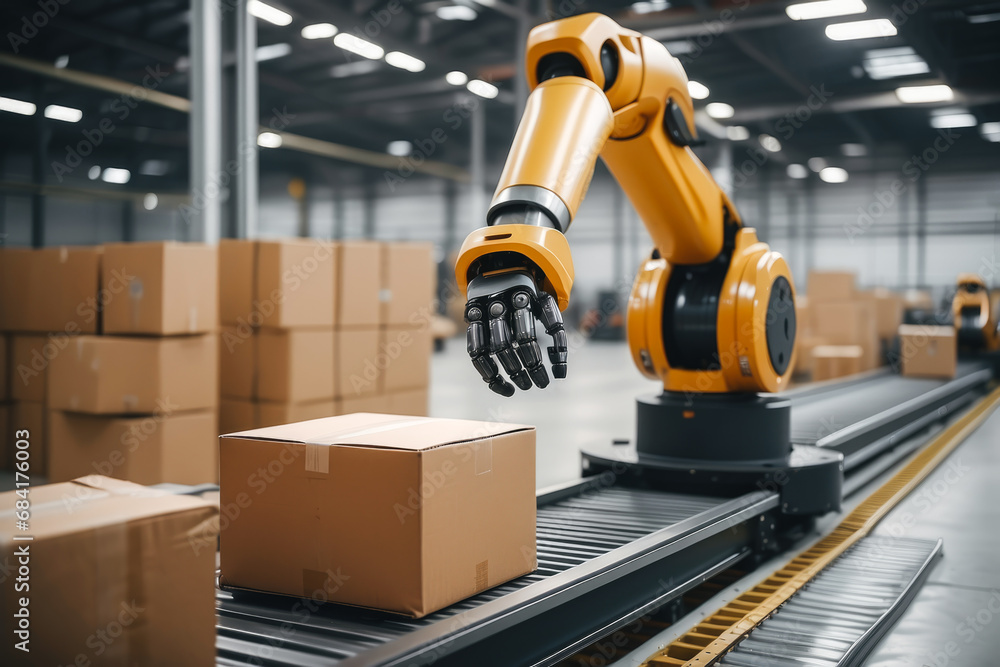 Industrial robot arm grabbing the cardboard box on roller conveyor rack ...