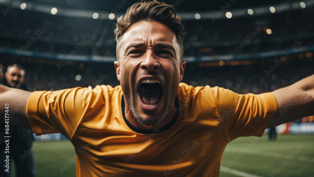 Football player celebrates victory. a man raises his hands in ...