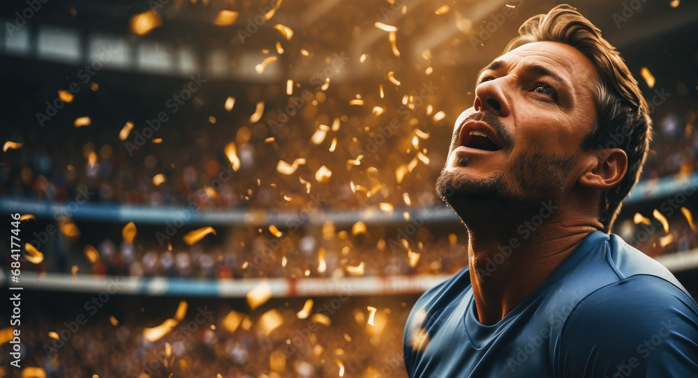 Football player celebrates victory. a man raises his hands in ...