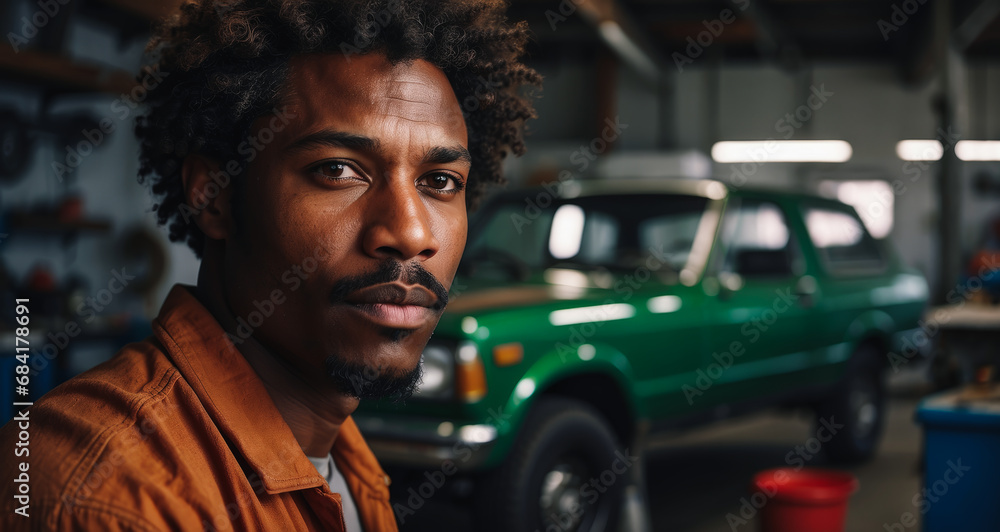 African American car service mechanic man in uniform stands against the ...