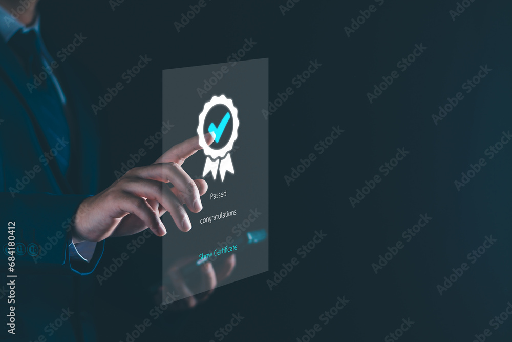 Quality control certificate concept. Businessman show high quality ...