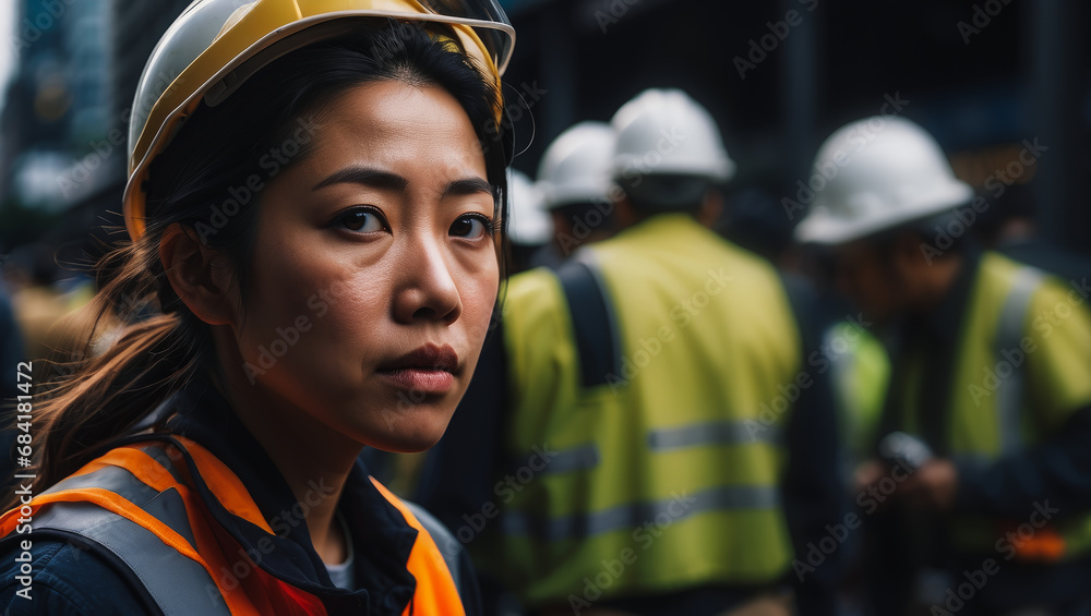 Portrait asian woman working construction site, wearing a construction helmet and work vest ...