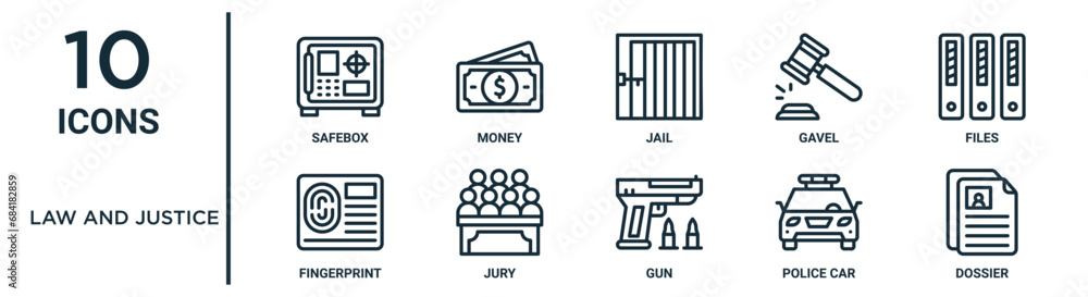 law and justice linear icon set. includes thin line money, jail, files ...