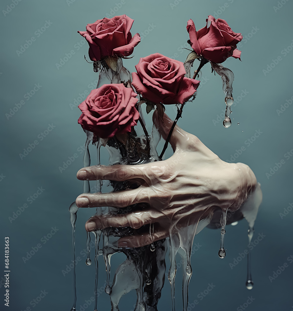 Dead Flowers bleeding, Sad bouquet of flowers hold by old hand, dark ...