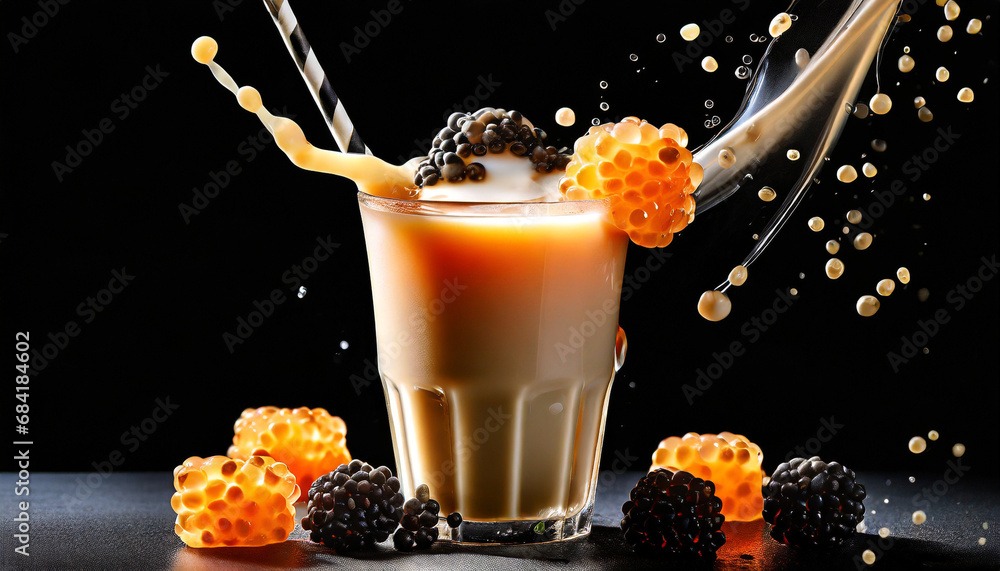 bubble milk tea with tapioca balls splashing against black background ...