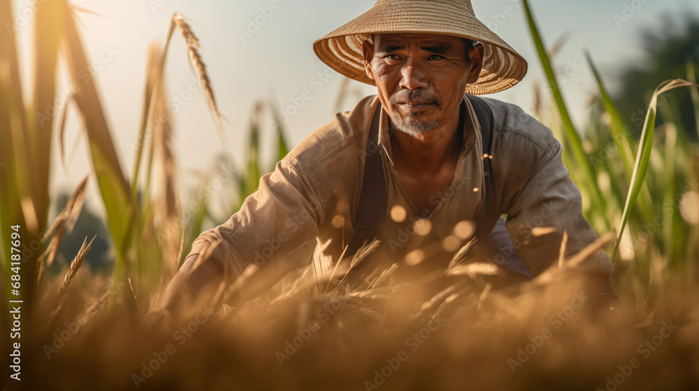 Asian worker (farmer) in the rice field. Agriculture in Asia. Rice ...