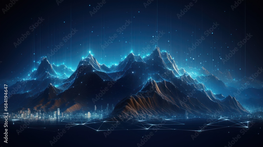 Illustrate the abstract resilience of IT systems, with digital mountains representing the ...