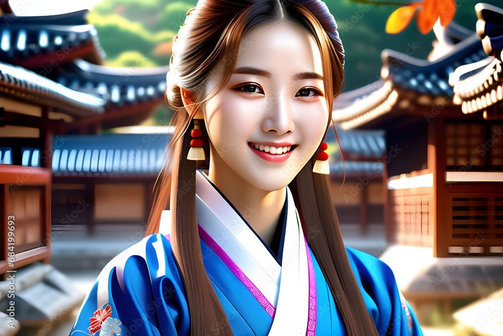 A pretty Korean woman in her 20s wearing a hanbok. Generative AI Stock ...