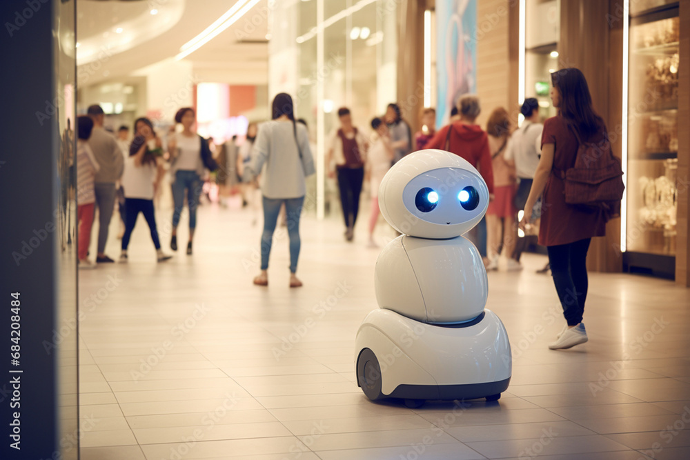 Little cute service android robot with wheels, smart technology retail business concept, at a ...