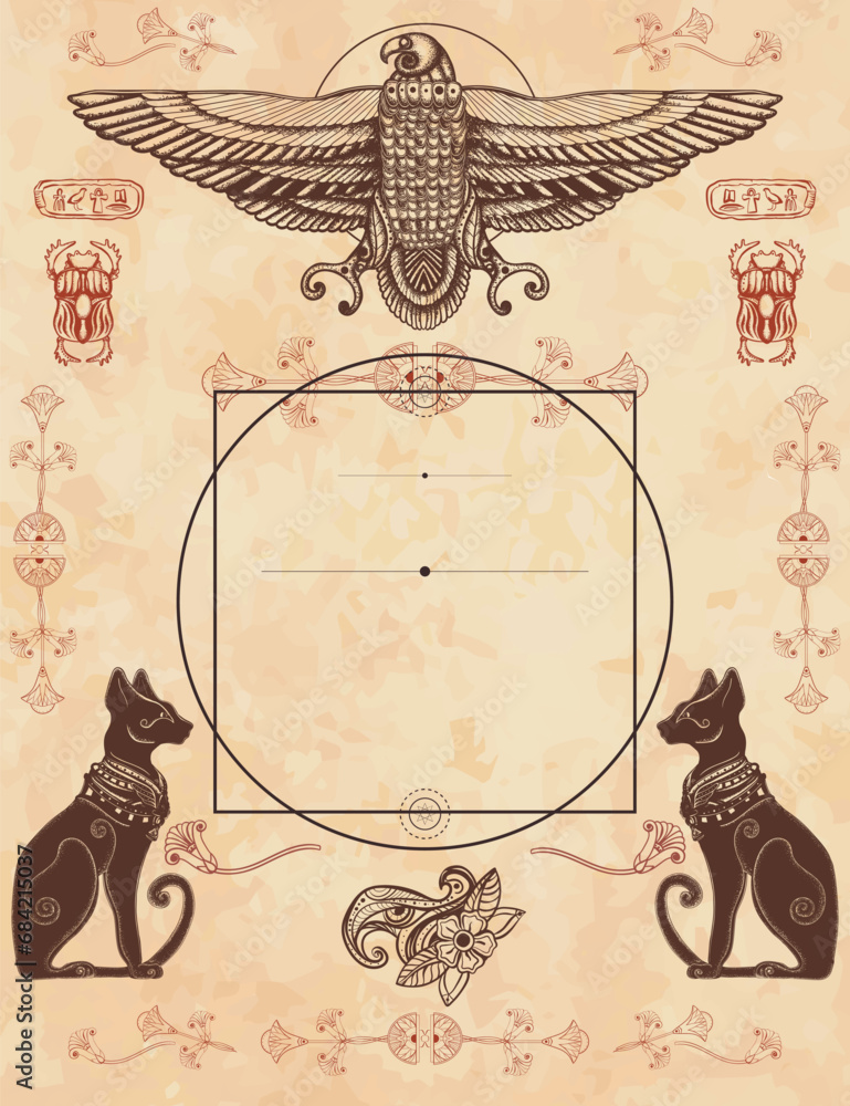 Black cats and horus falcon. Ancient Egypt vertical background ...
