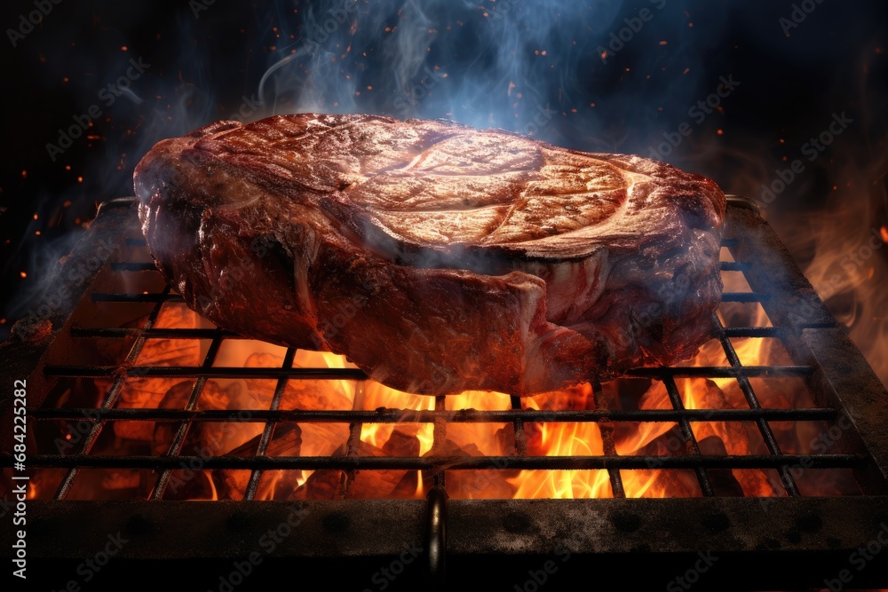 Ribeye steaks cooking on flaming grill. Tasty entrecote beef filet ...