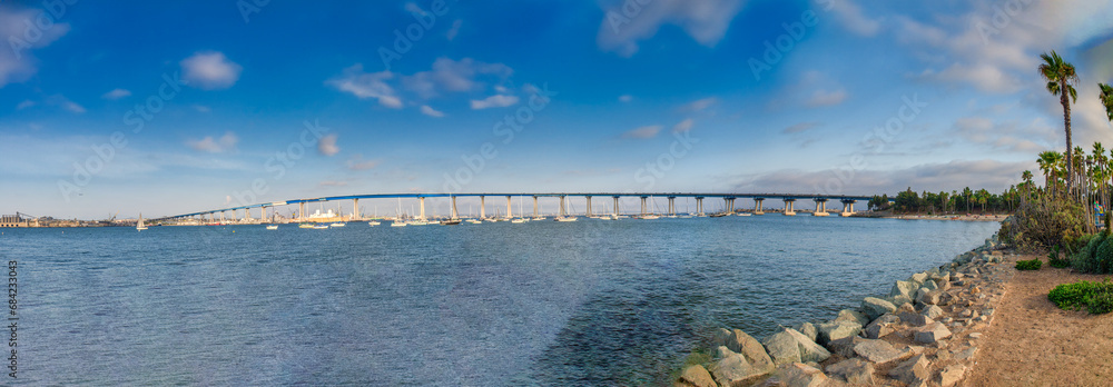 San Diego Coronado Bridge connects San Diego to Coronado. Panoramic ...
