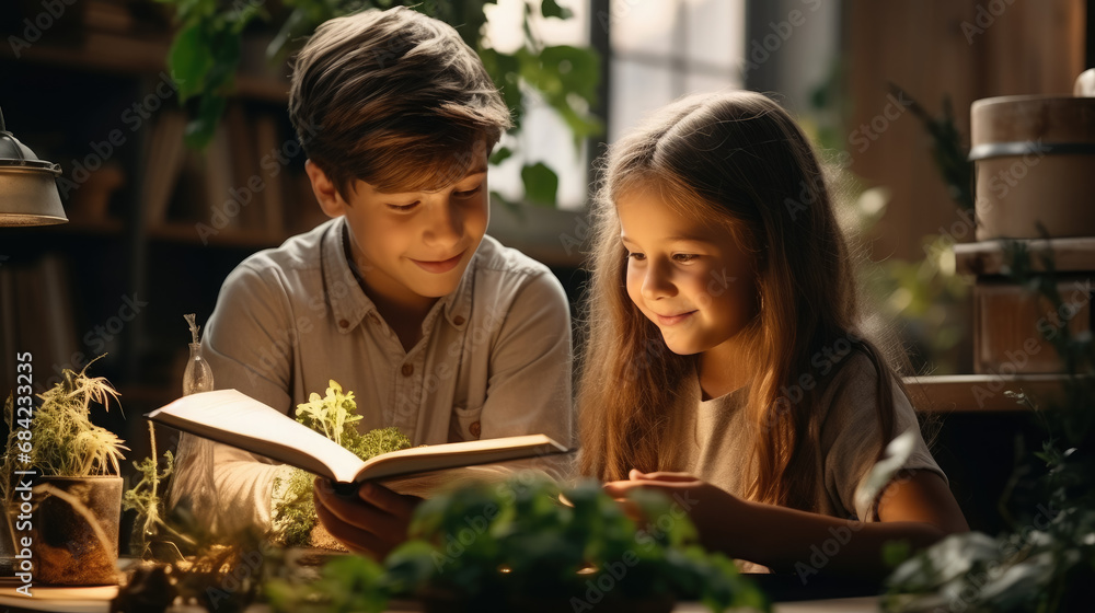 little boy and girl reading a book, smart children, child, kid, student ...