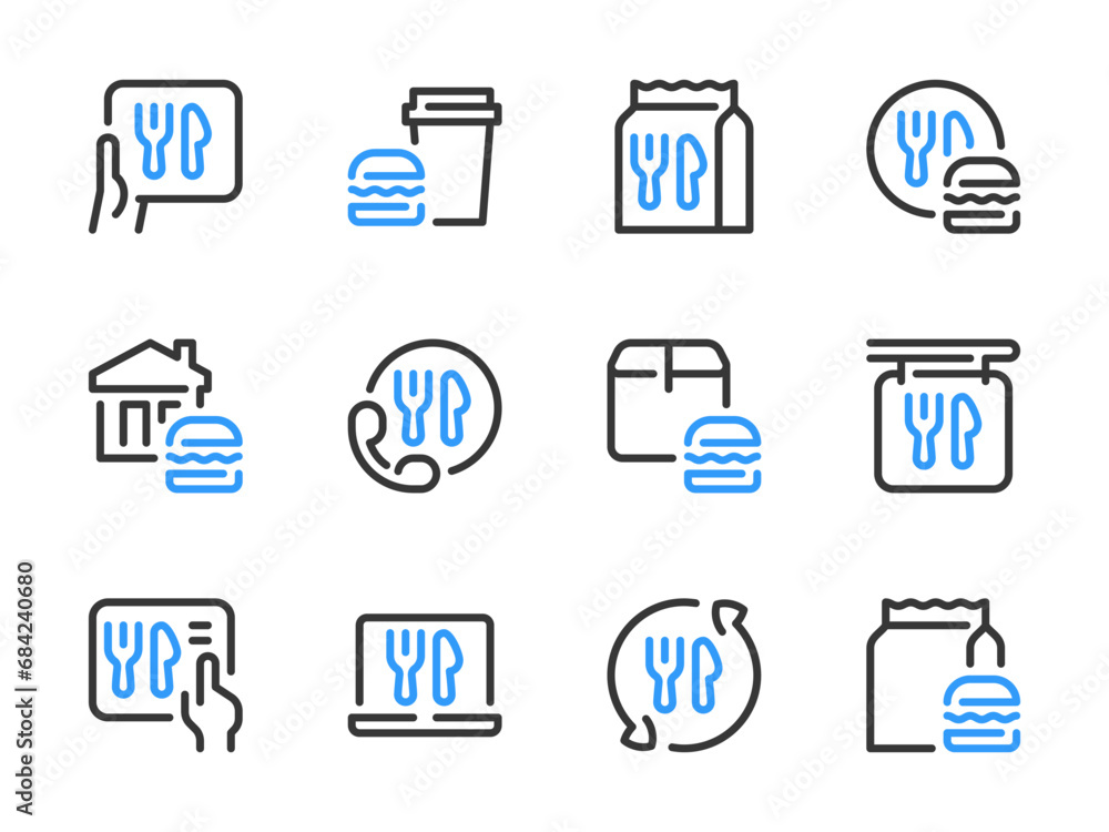 Online Food Order and Food Delivery Service vector line icons. Ordering ...