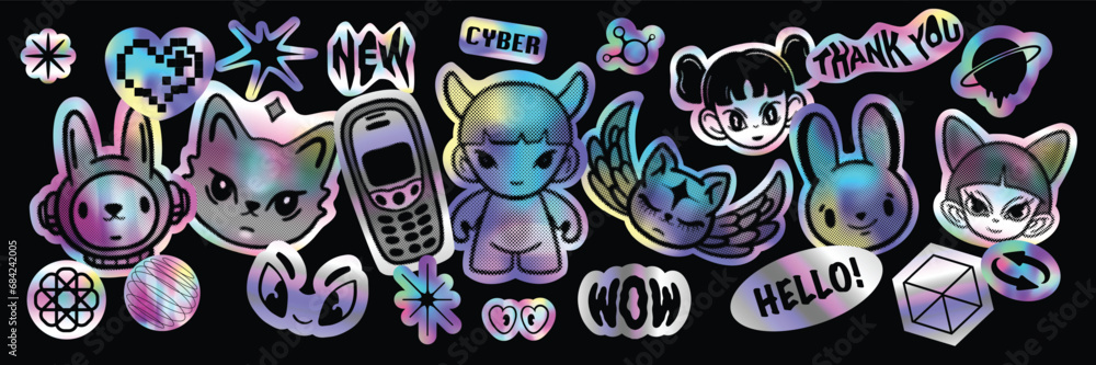 Holograph u2k sticker set, cyber holo hologram icon pack, vector space ...