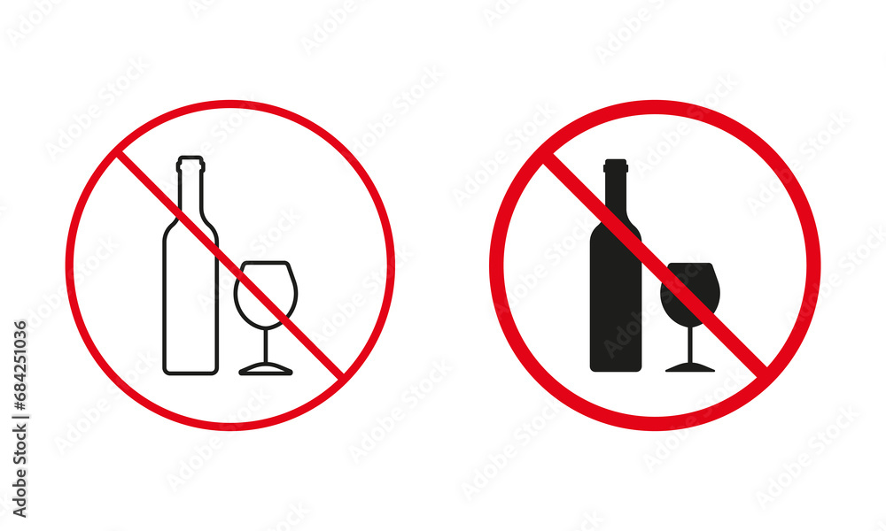 Drink Alcohol Zone Warning Signs. Wine Bottle and Glass Line and ...