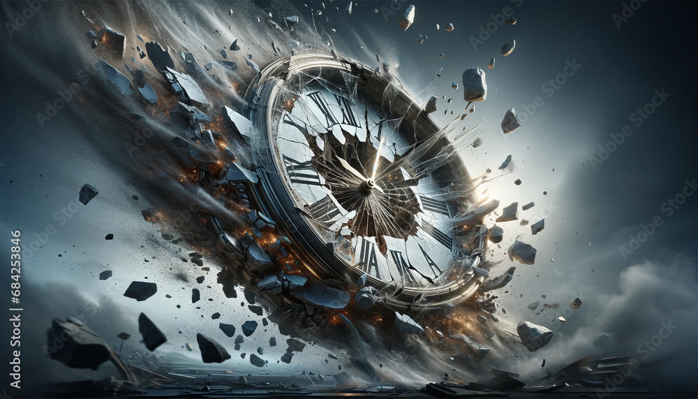 Clock falling on the ground like a comet. It is broken, late for work ...