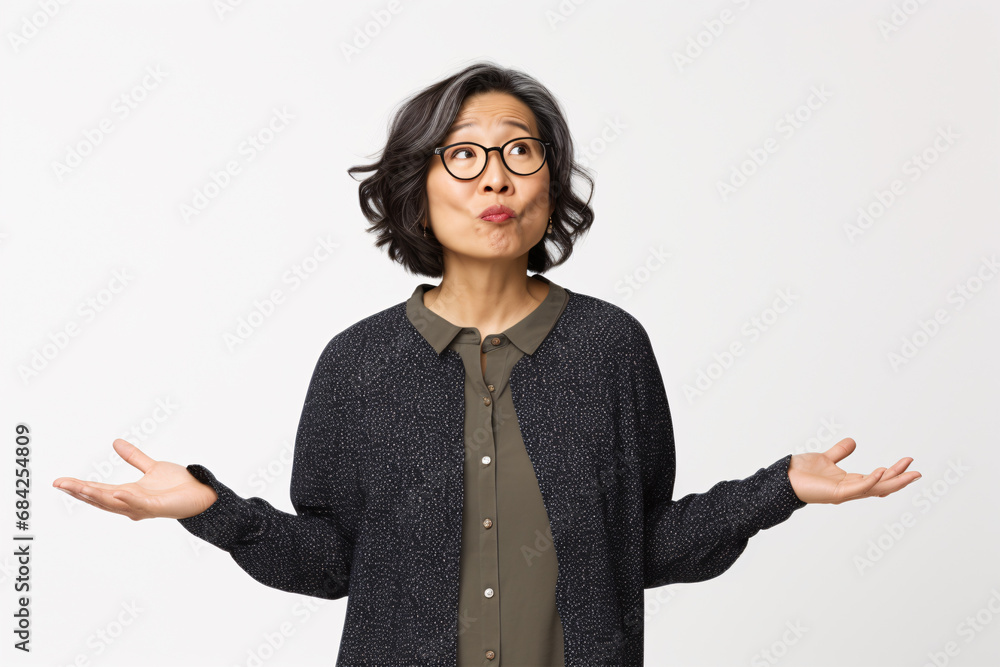 A perplexed Japanese middle-aged woman, appearing baffled and ...