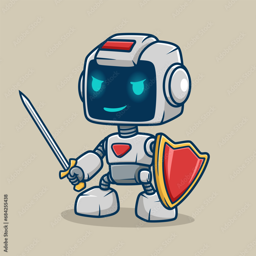Cute robot with sword and shield, vector cartoon illustration Stock ...