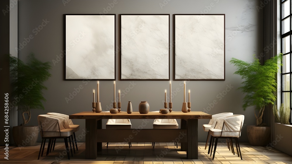 four black picture frames on a flat white wall, in the style of unreal ...