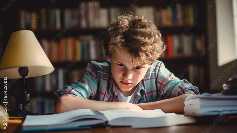 Concentrated white boy child doing his homework at home. The boy ...