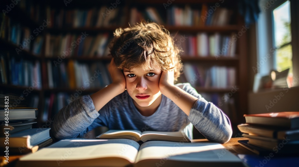 Concentrated white boy child doing his homework at home. The boy ...