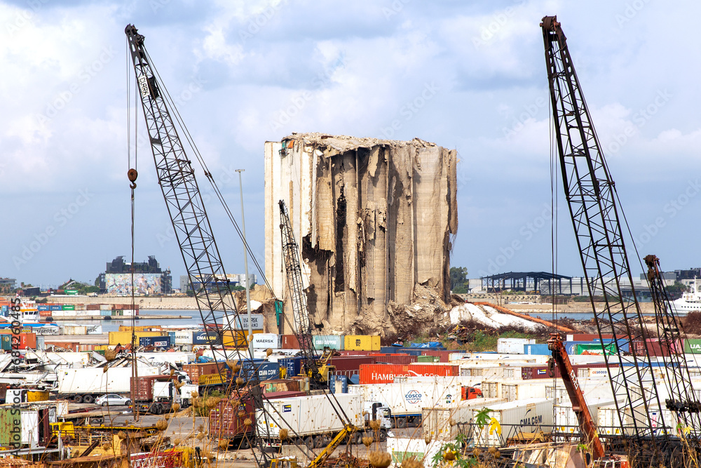 Elevator or warehouse destroyed by explosion in the port of Beirut ...