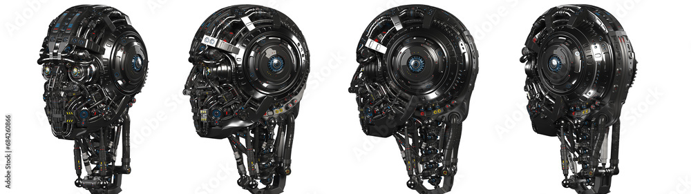 Futuristic robot head or very detailed humanoid face. Collage or set of ...