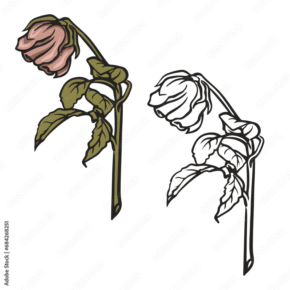 A Dead Rose. Lonely, Fall, wilted. drawing with line-art. Simple Design ...