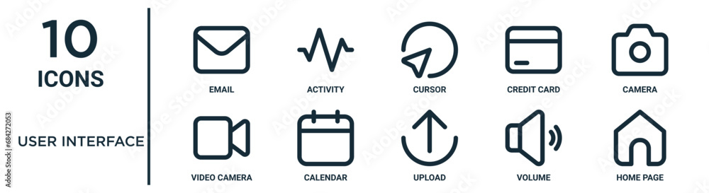 user interface linear icon set. includes thin line activity, cursor, camera, calendar, volume ...