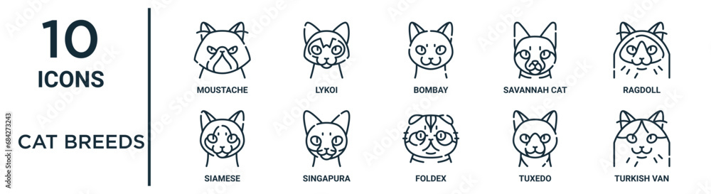 cat breeds linear icon set. includes thin line lykoi, bombay, ragdoll ...