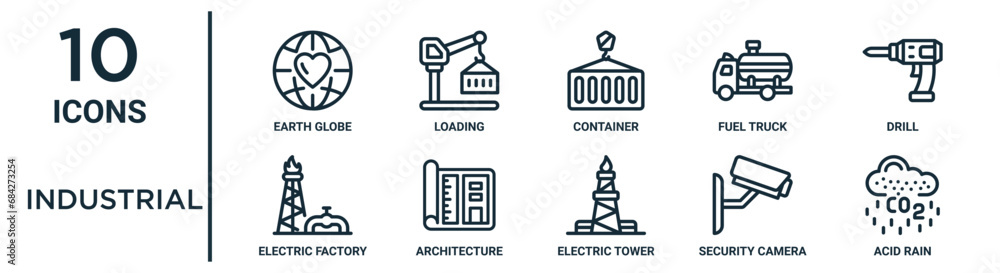 industrial linear icon set. includes thin line loading, container ...