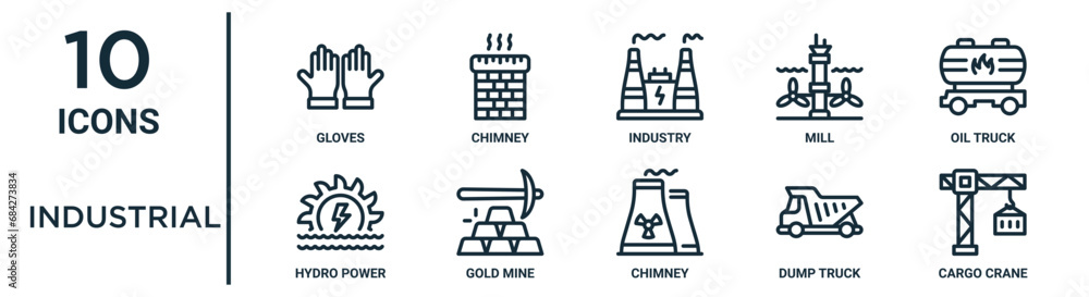 industrial linear icon set. includes thin line chimney, industry, oil ...