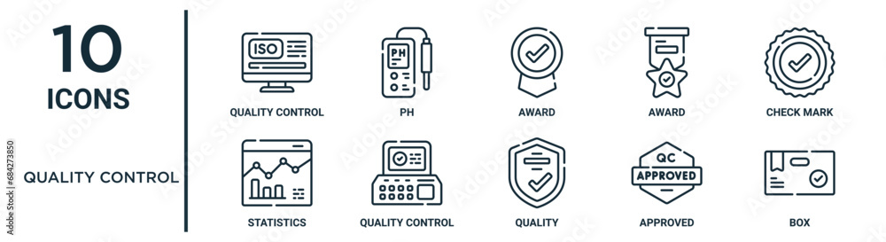 quality control linear icon set. includes thin line ph, award, check ...