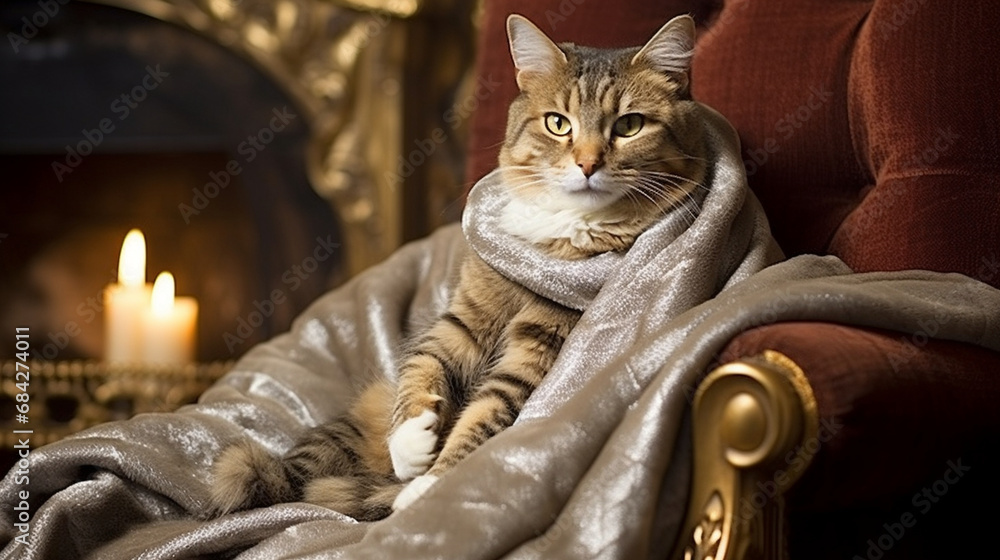 The Cozy Commander: Capture a parody cat in a regal pose on a chair ...