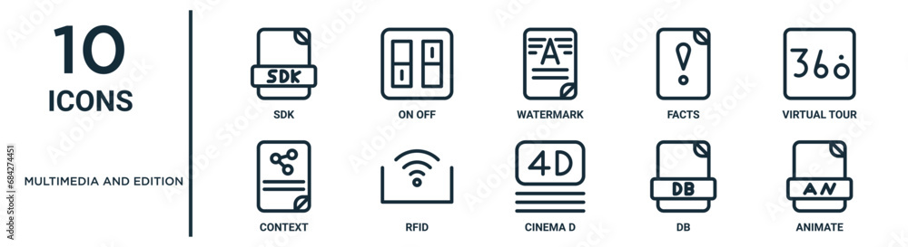 multimedia and edition linear icon set. includes thin line on off ...