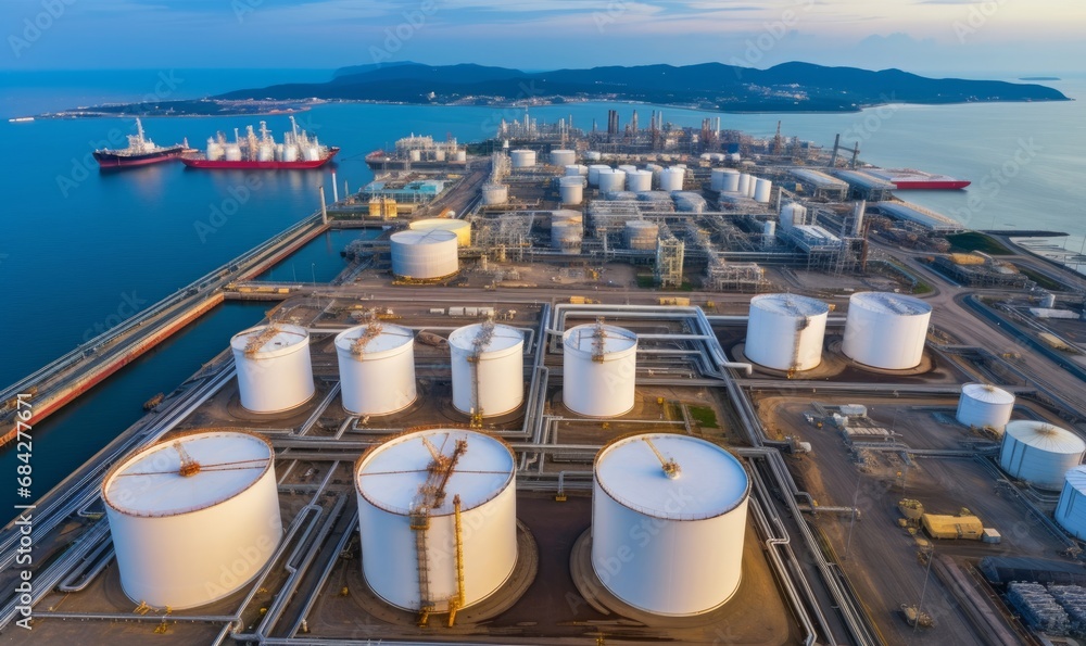 Aerial view oil and gas terminal storage tank farm, Tank farm storage ...