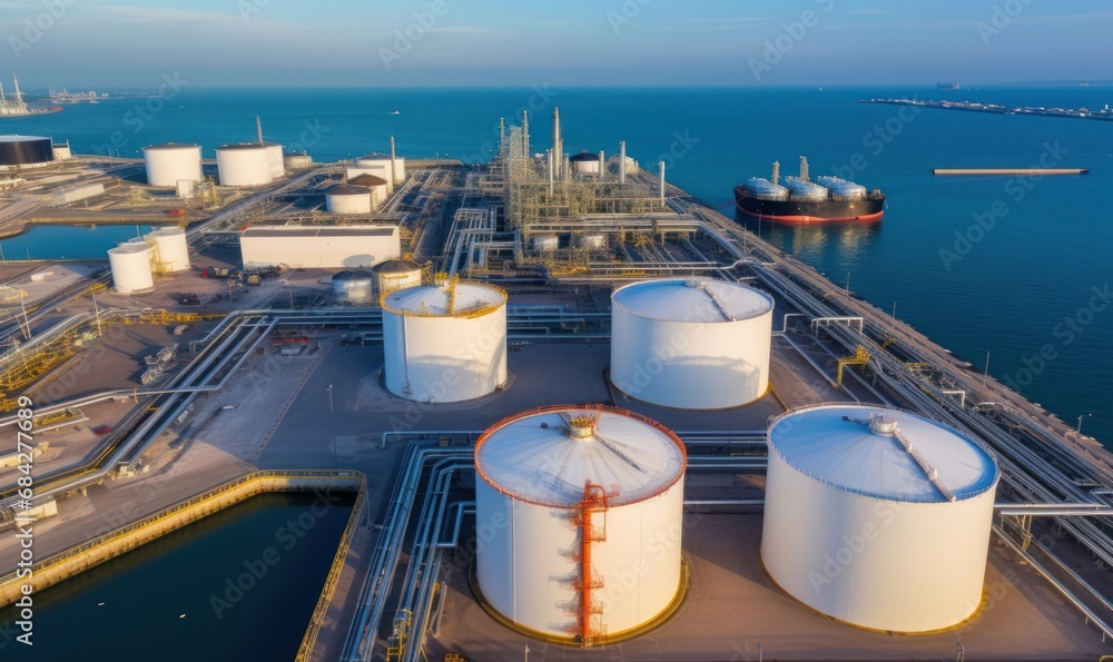 Aerial view oil and gas terminal storage tank farm, Tank farm storage ...
