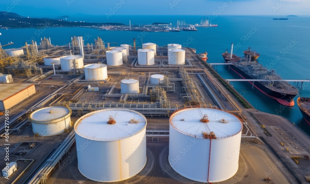Aerial view oil and gas terminal storage tank farm, Tank farm storage ...