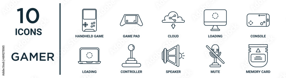 Vetor de gamer linear icon set. includes thin line game pad, cloud, console, controller, mute ...