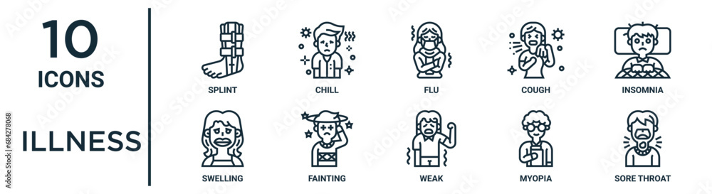 illness linear icon set. includes thin line chill, flu, insomnia ...