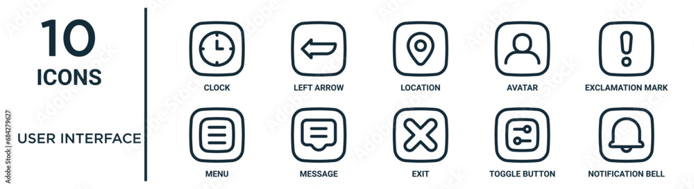 Vecteur Stock user interface linear icon set. includes thin line left arrow, location ...