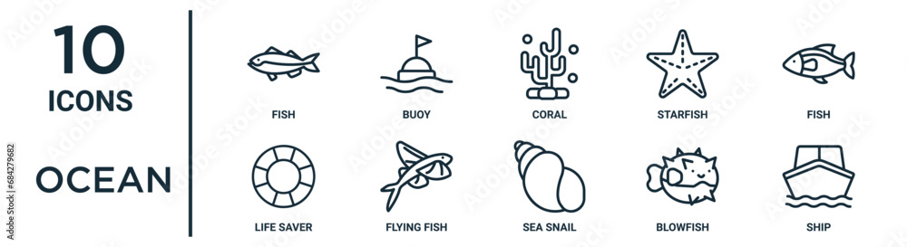 ocean linear icon set. includes thin line buoy, coral, fish, flying fish, blowfish, ship, life ...
